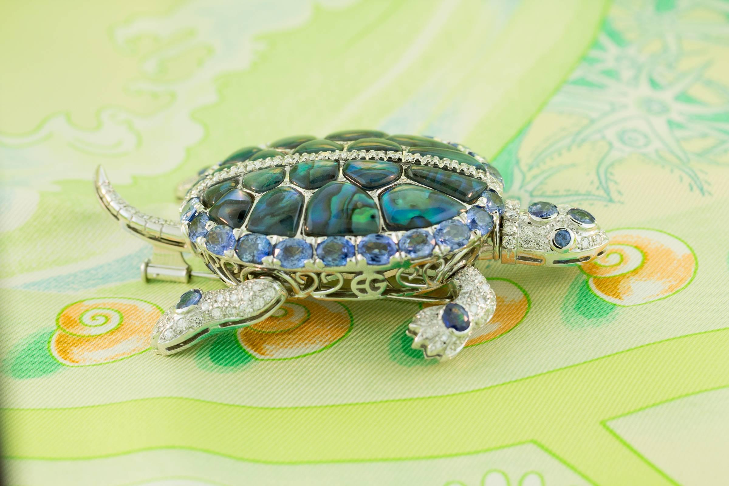 Turtle Brooch Pin Blue Sapphire and Diamonds Design by Ella Gafter For ...
