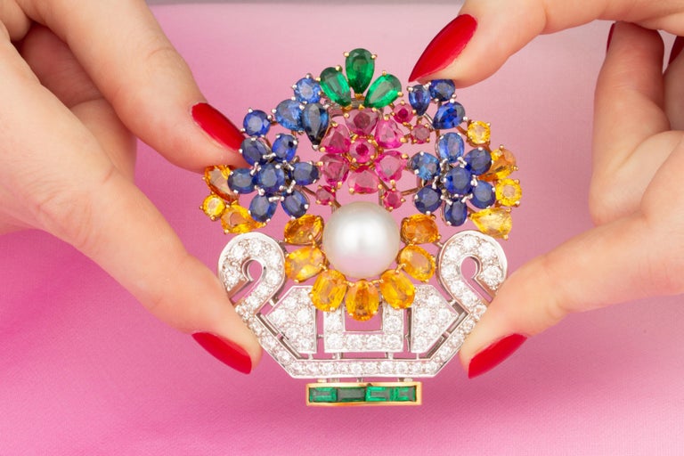 Ella Gafter Diamond Sapphire Ruby Jardiniere Flower Brooch For Sale at ...