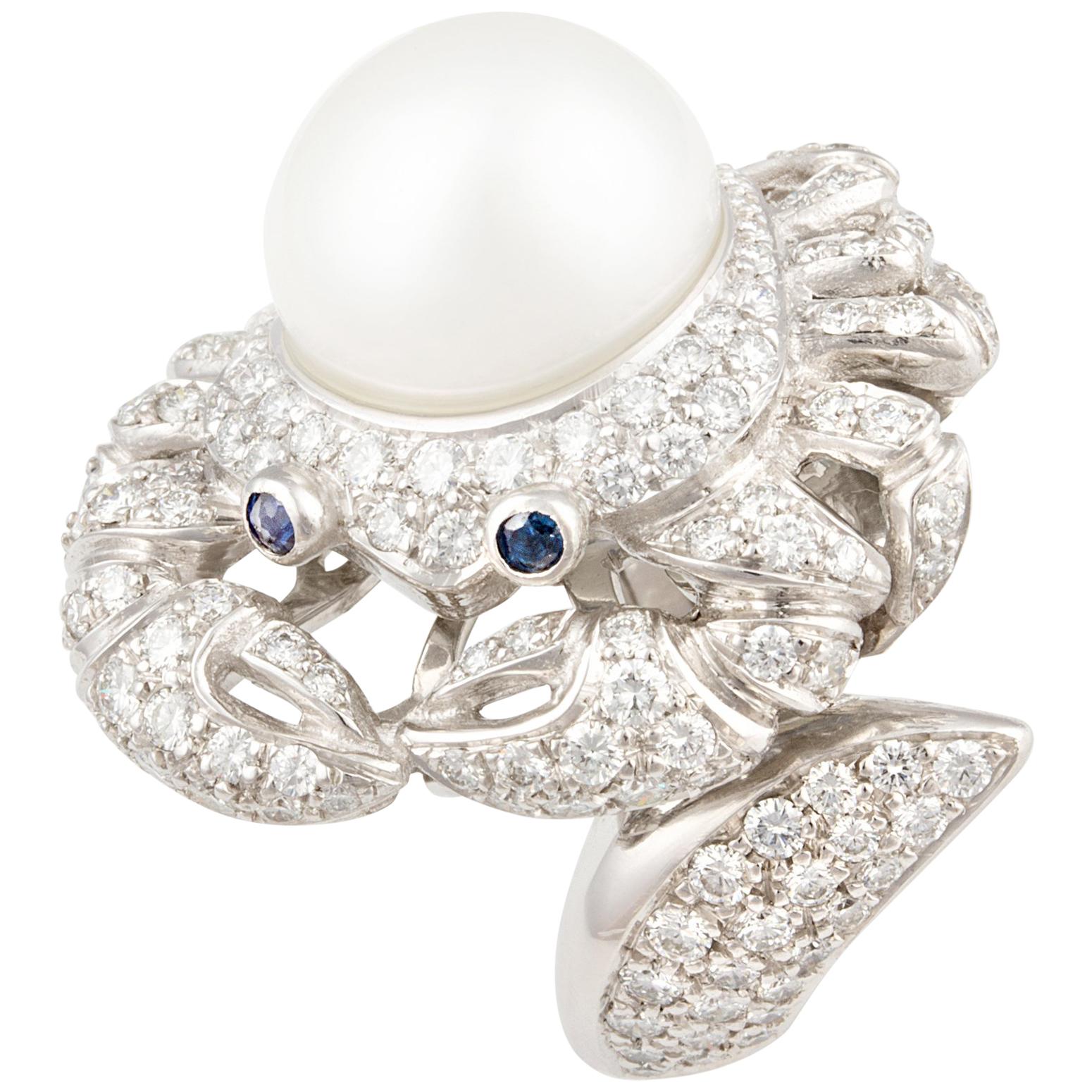 Ella Gafter Cancer Pearl Diamond Zodiac Ring For Sale at 1stDibs