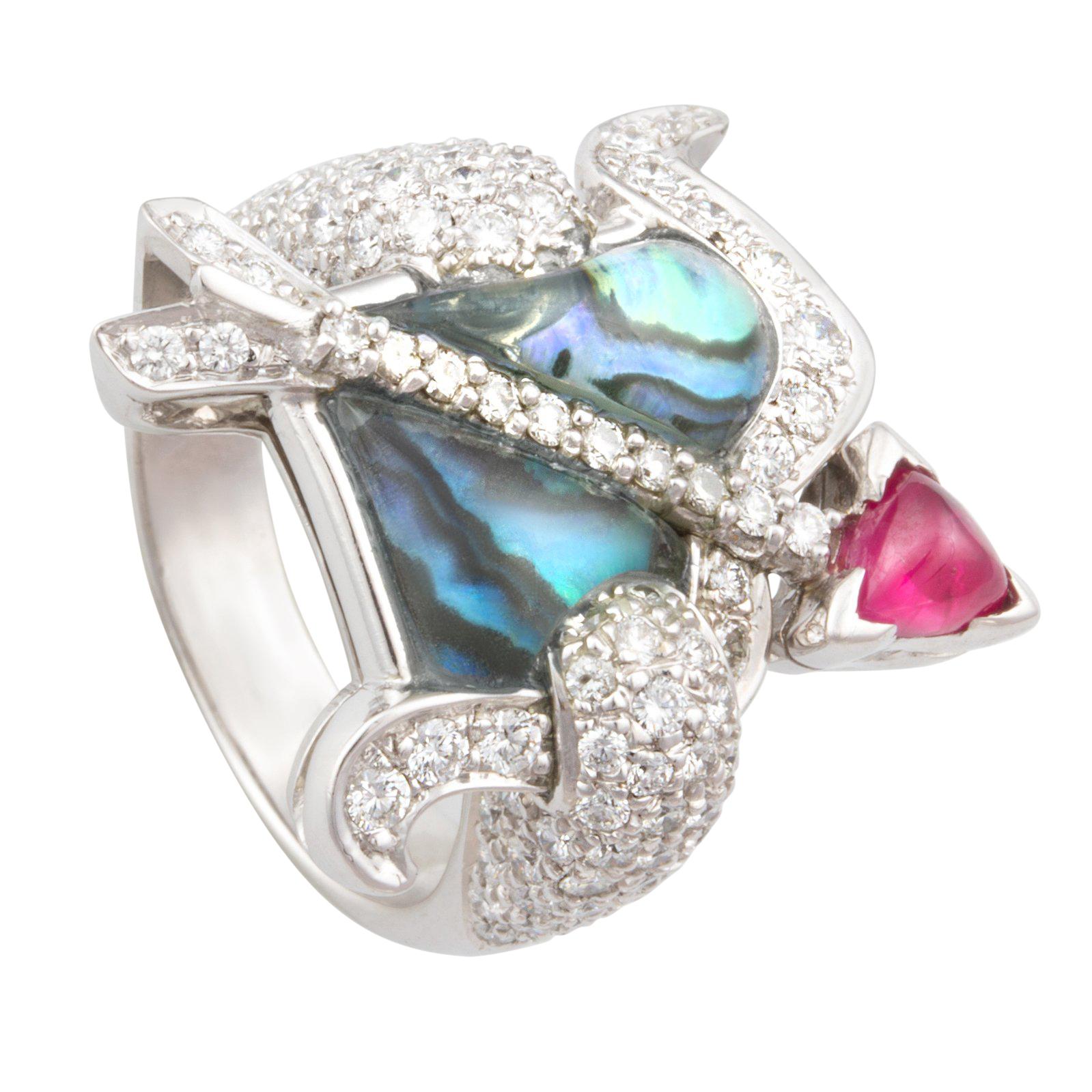 Ella Gafter Sagittarius Diamond Pearl Ruby Zodiac Ring For Sale at 1stDibs