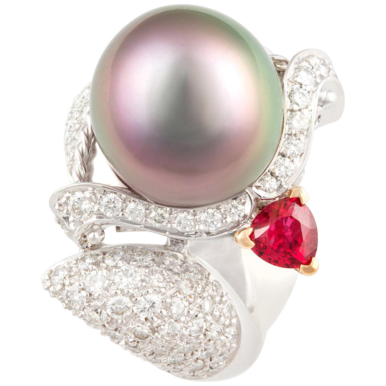 Ella Gafter Sagittarius Diamond Pearl Ruby Zodiac Ring For Sale at 1stDibs