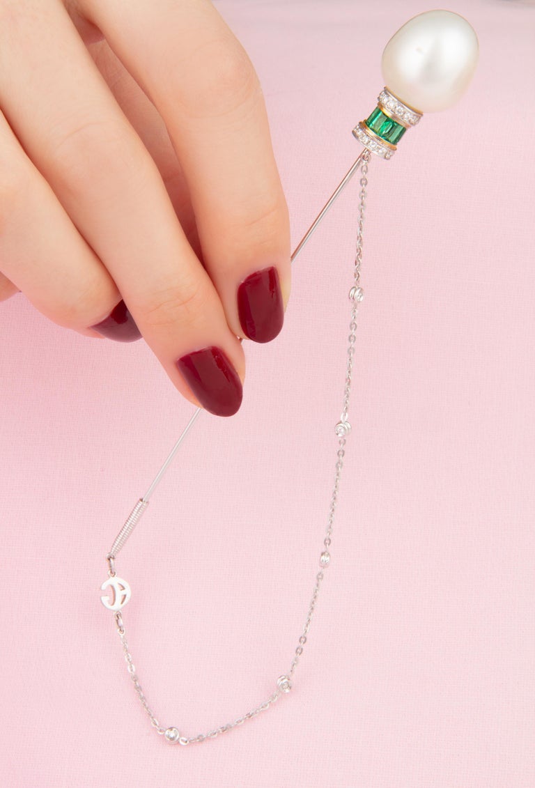 Ella Gafterl Diamond Pearl Emerald Stick Pin For Sale at 1stDibs