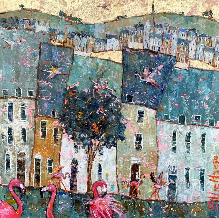 Ellie Hesse - Flying Flamingos - contemporary colourful urban landscape ...