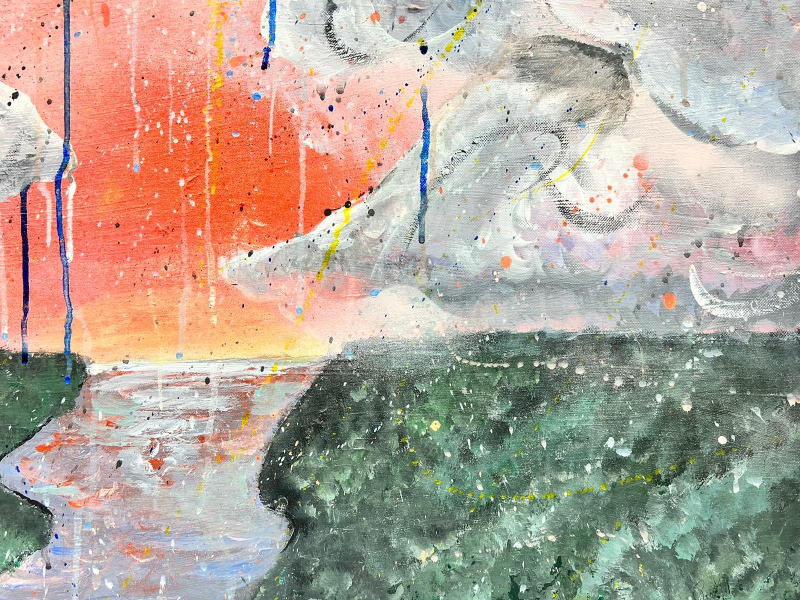 Ellie Park - Contemporary Cloudy Pink Sunset Over British River ...