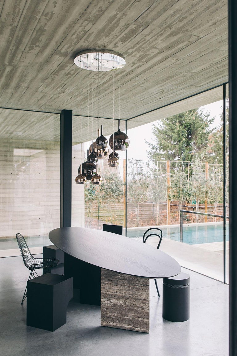 Contemporary oval ellipse dining table, black ash wood and travertine ...