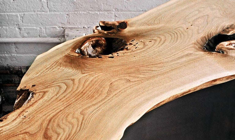 Organic Live Edge Elm Console Table with Curved Patina Steel Leg For ...