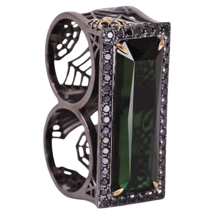 Elongated Green Black Tourmaline Spider Ring with Black Diamond Halo ...