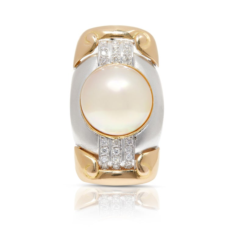 Elongated Rectangle Two-Tone Gold Pearl Ring with Diamonds For Sale at ...