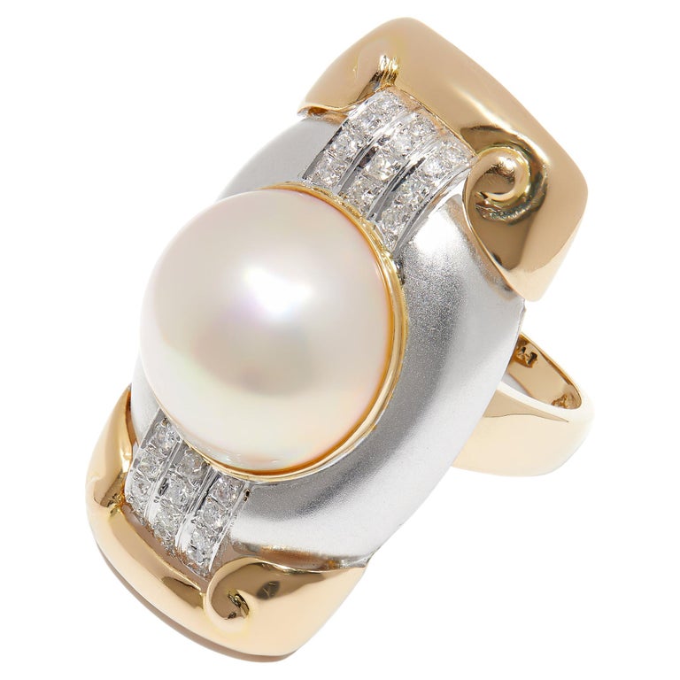 Elongated Rectangle Two-Tone Gold Pearl Ring with Diamonds For Sale at ...