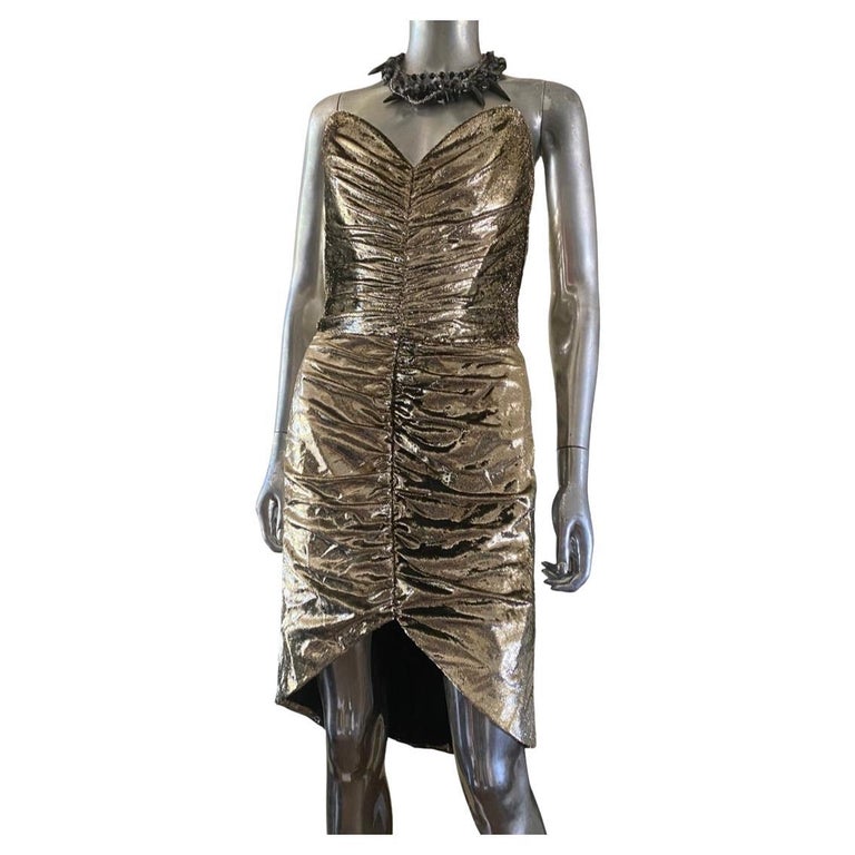 Emanuel Designer Ruched Gold Metallic High-Low Bustier Dress, England ...