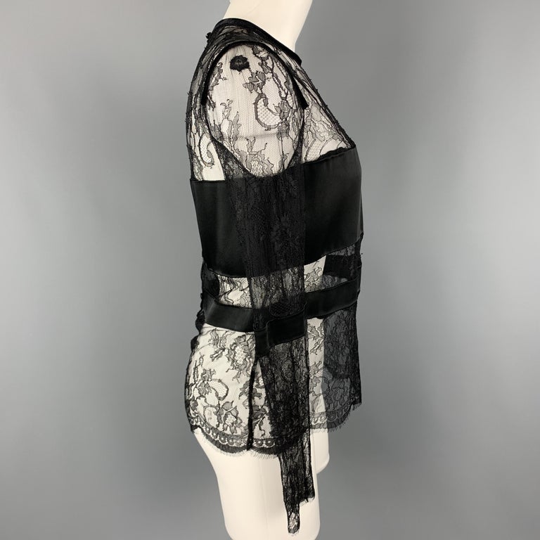 EMANUEL UNGARO Size 2 Black Lace Satin Stripe Panel Blouse at 1stDibs