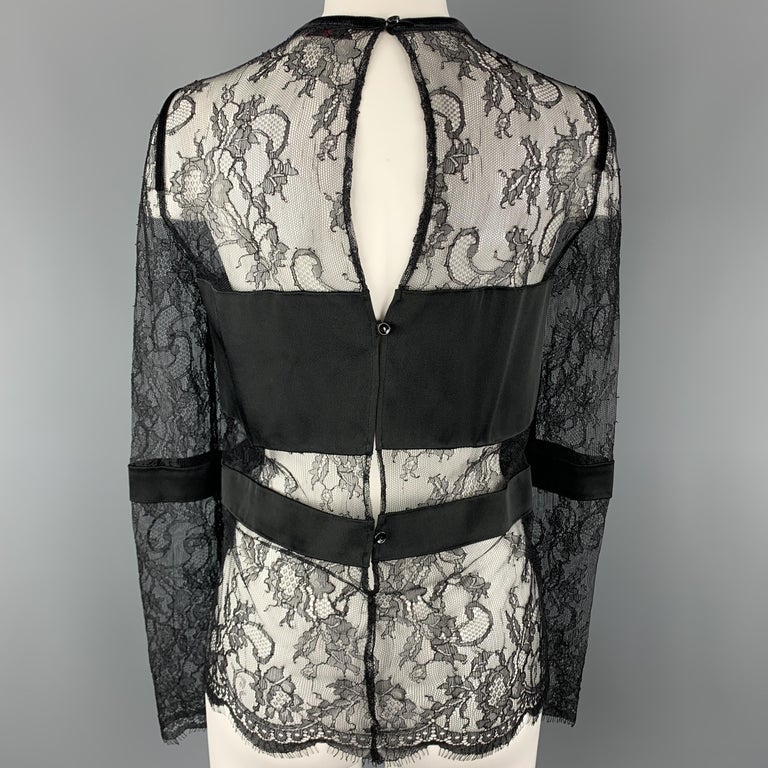 EMANUEL UNGARO Size 2 Black Lace Satin Stripe Panel Blouse at 1stDibs