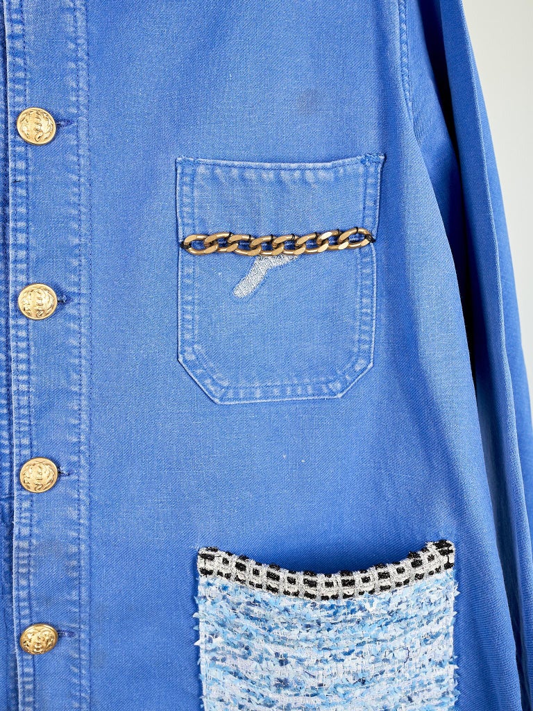 Embellished Brass Chain Blue Cotton French Work Wear Light Blue Tweed ...