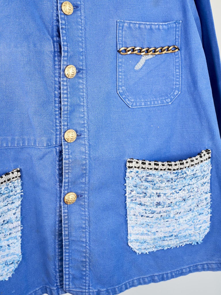Embellished Brass Chain Blue Cotton French Work Wear Light Blue Tweed ...