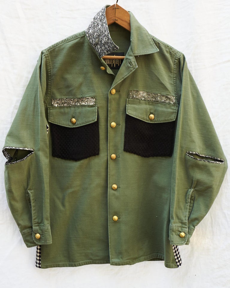 Embellished Military Jacket Green Silver Sequin Silver Collar Black ...