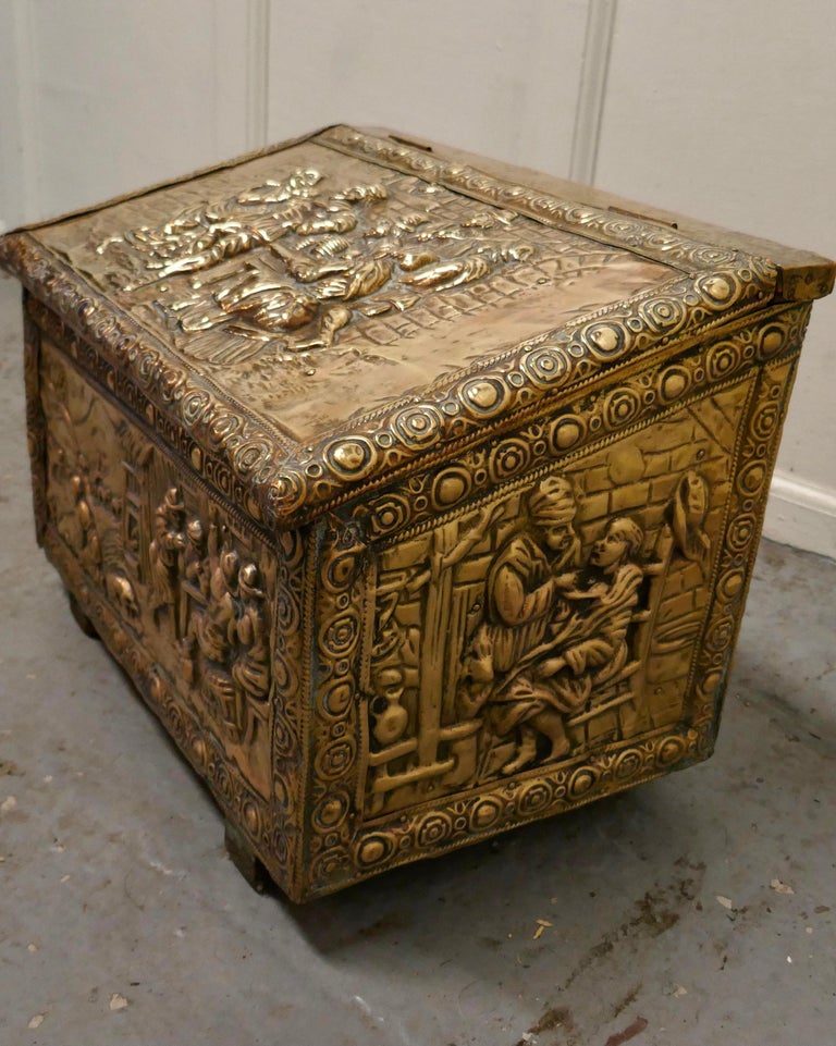 Embossed Brass Log Box, with Country Scenes For Sale at 1stDibs
