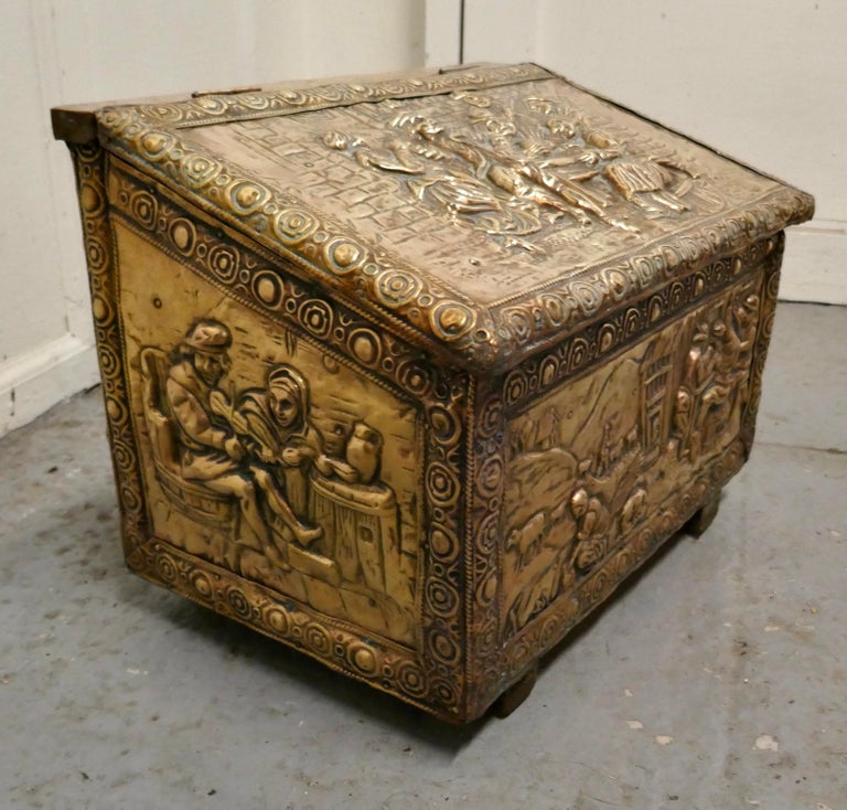 Embossed Brass Log Box, with Country Scenes For Sale at 1stDibs