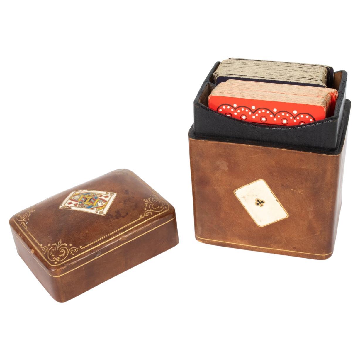 Embossed Leather 2-Deck Playing Card Box with Cards, Rumpp Italy, Early ...
