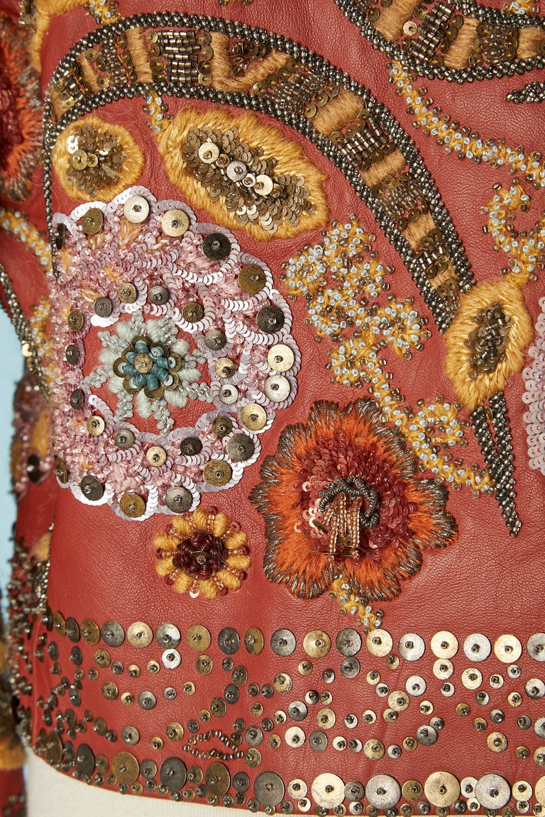 Embroidered brown leather edge to edge jacket with beaded work ...