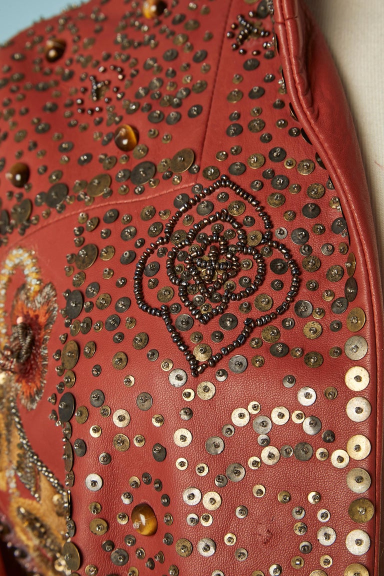 Embroidered brown leather edge to edge jacket with beaded work ...