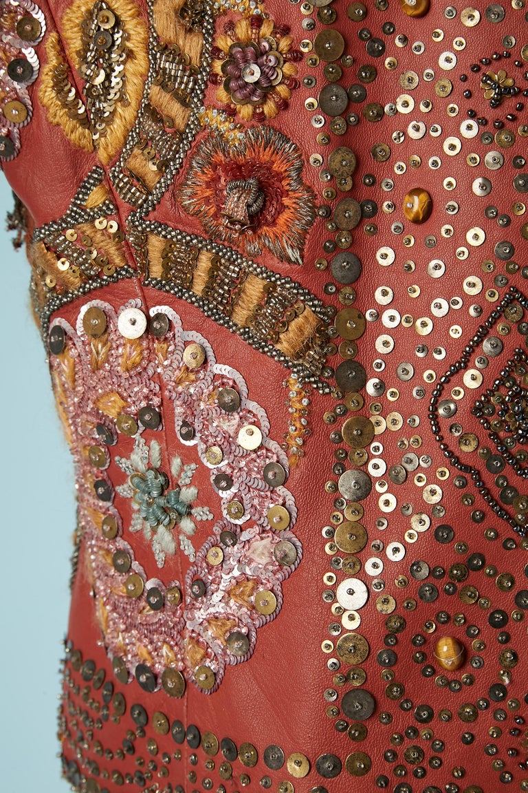 Embroidered brown leather edge to edge jacket with beaded work ...