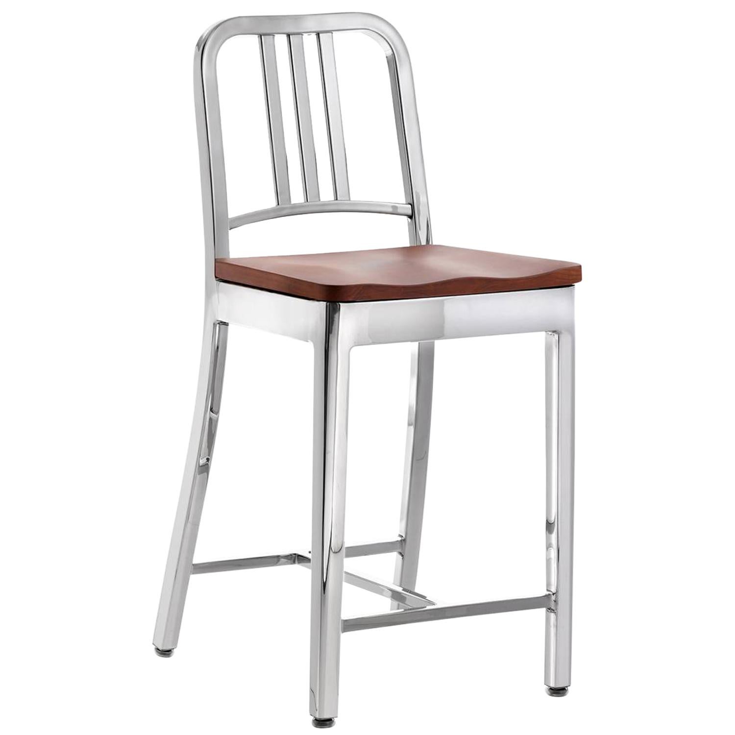 Emeco Navy Counter Stool in Polished Aluminum and Walnut by US Navy For ...