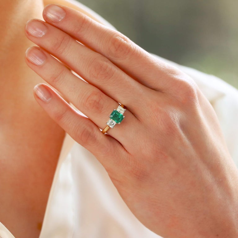 Emerald and Asscher Cut Diamond Three Stone Ring Set in 18k Yellow Gold ...