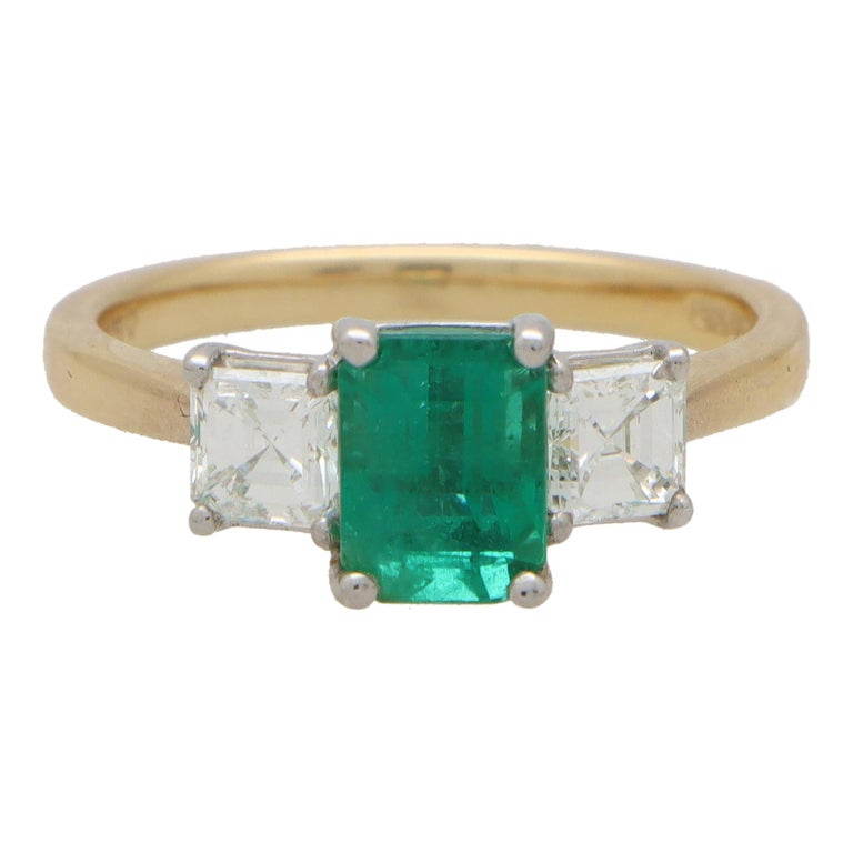 Emerald and Asscher Cut Diamond Three Stone Ring Set in 18k Yellow Gold ...