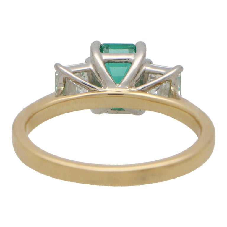 Emerald and Asscher Cut Diamond Three Stone Ring Set in 18k Yellow Gold ...