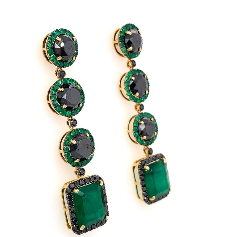 Emerald and Black Diamond Drop Dangle Earrings For Sale at 1stDibs