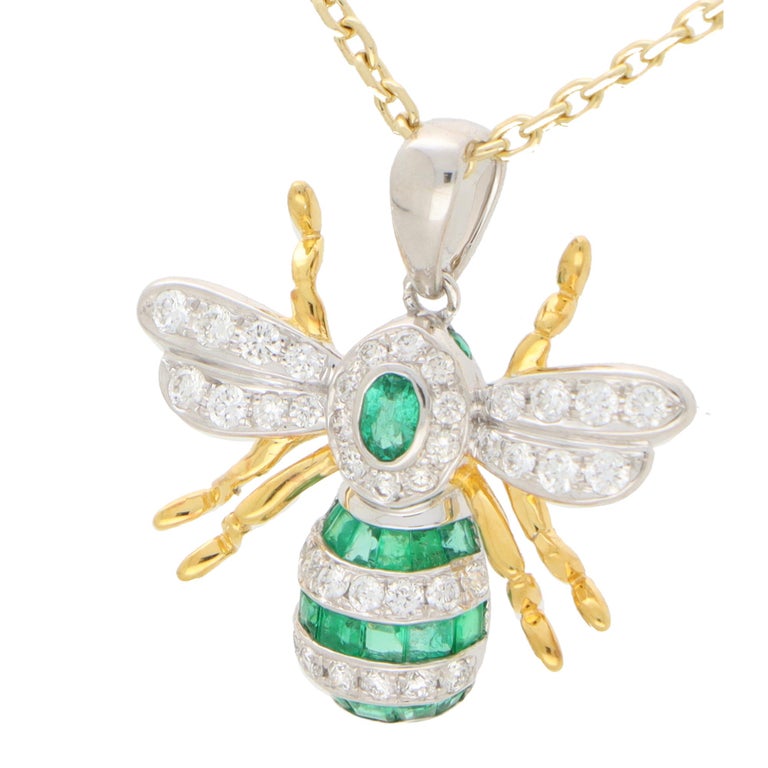 Emerald and Diamond Bee Pendant Set in 18k Yellow and White Gold For ...