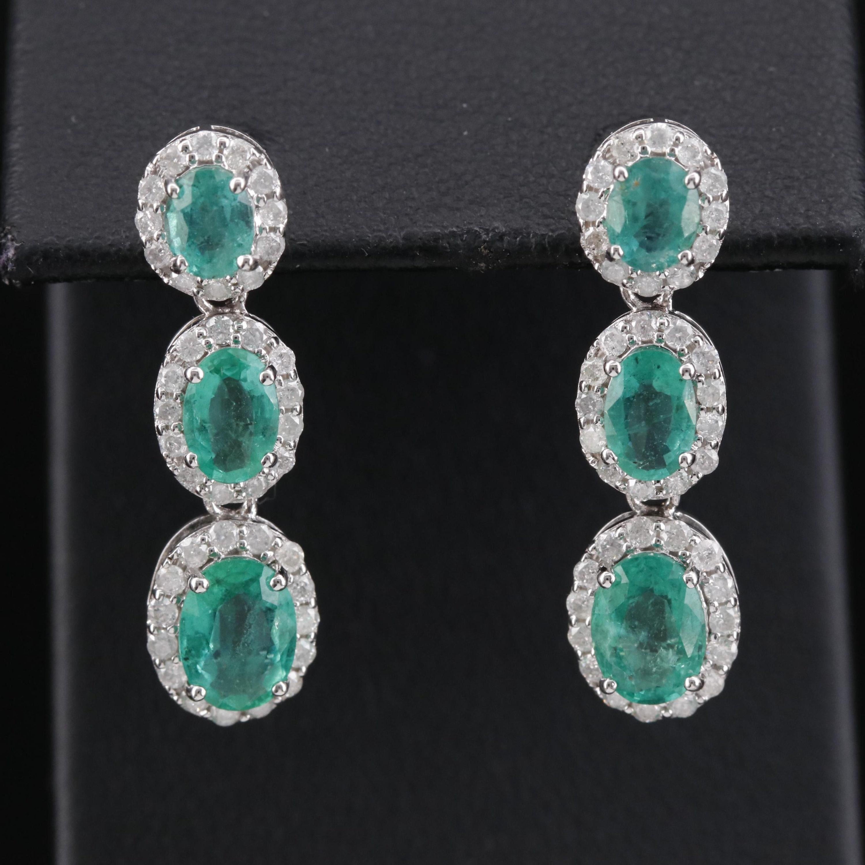 Emerald and Diamond Dangle Earrings, Huggie Hoop Earrings with Drop ...