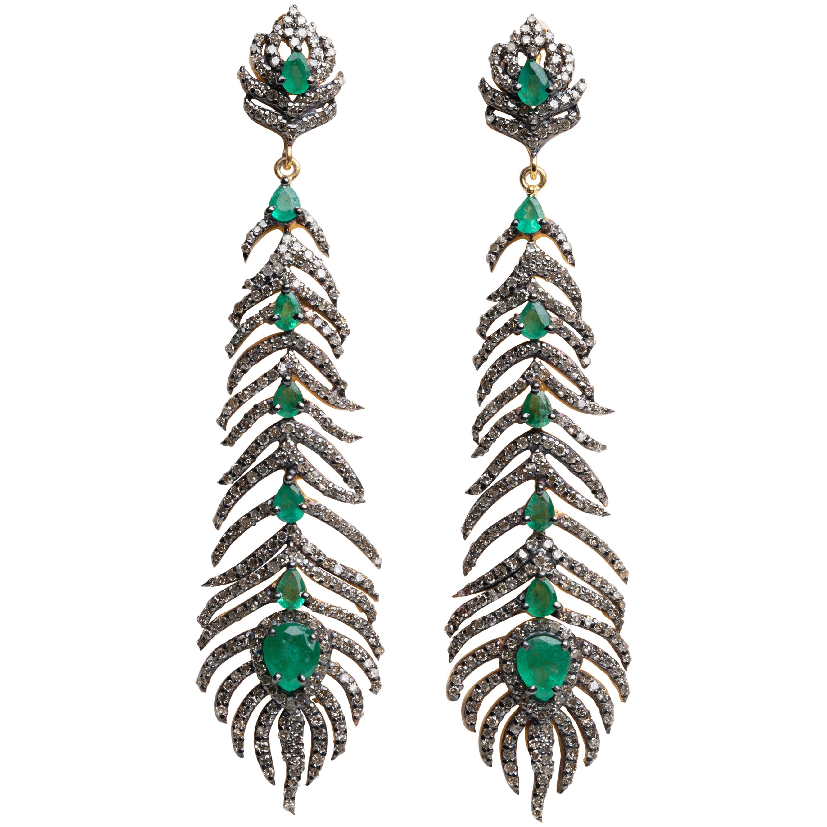 Emerald and Diamond Feather Dangle Earrings at 1stDibs