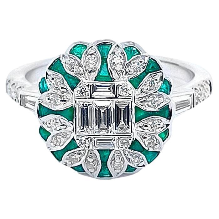 Emerald And Diamond Illusion Set Ring 2.01 Carats 18K White Gold For ...
