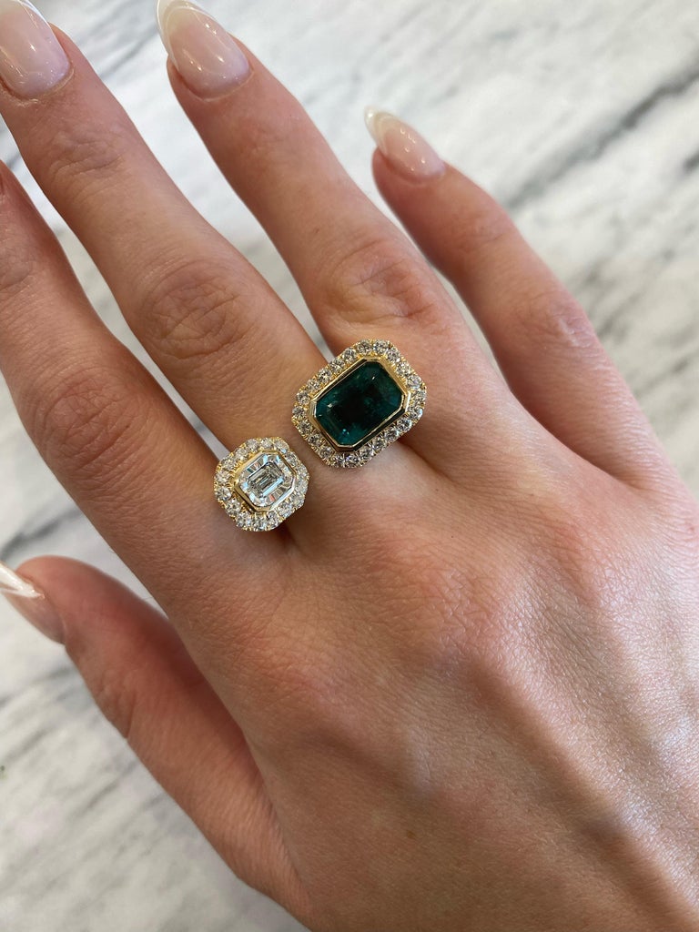 Emerald and Diamond Two Stone Ring For Sale at 1stDibs