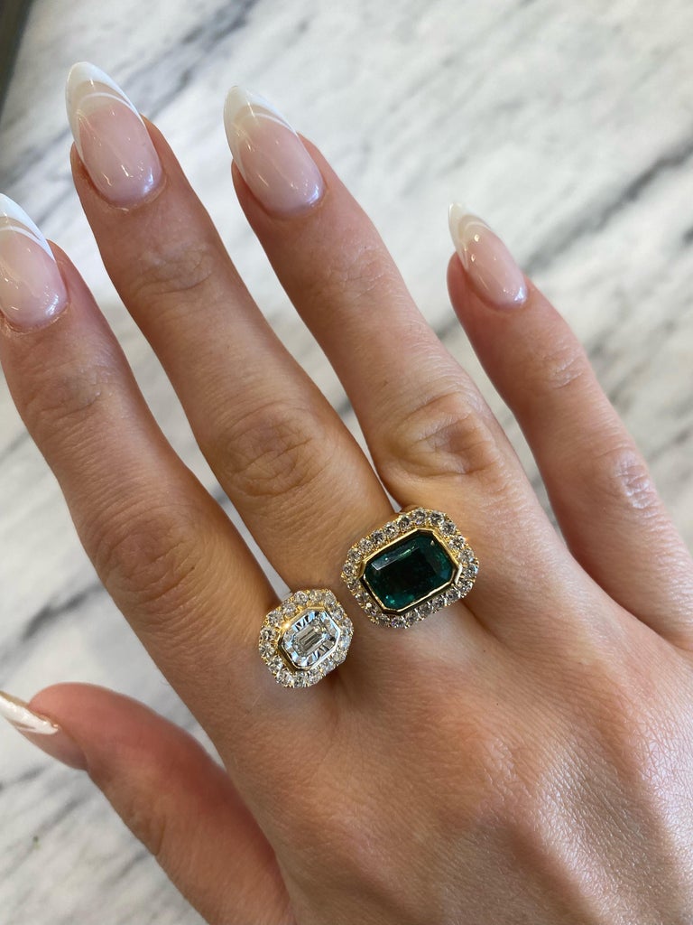 Emerald and Diamond Two Stone Ring For Sale at 1stDibs