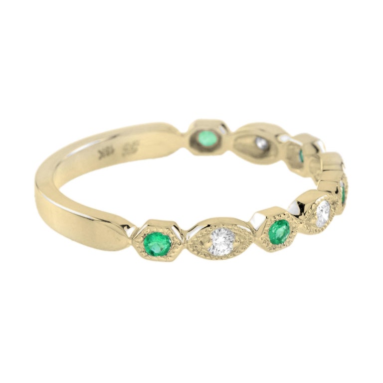 Customizable Emerald and Diamond Vintage Style Half Eternity Band Ring ...