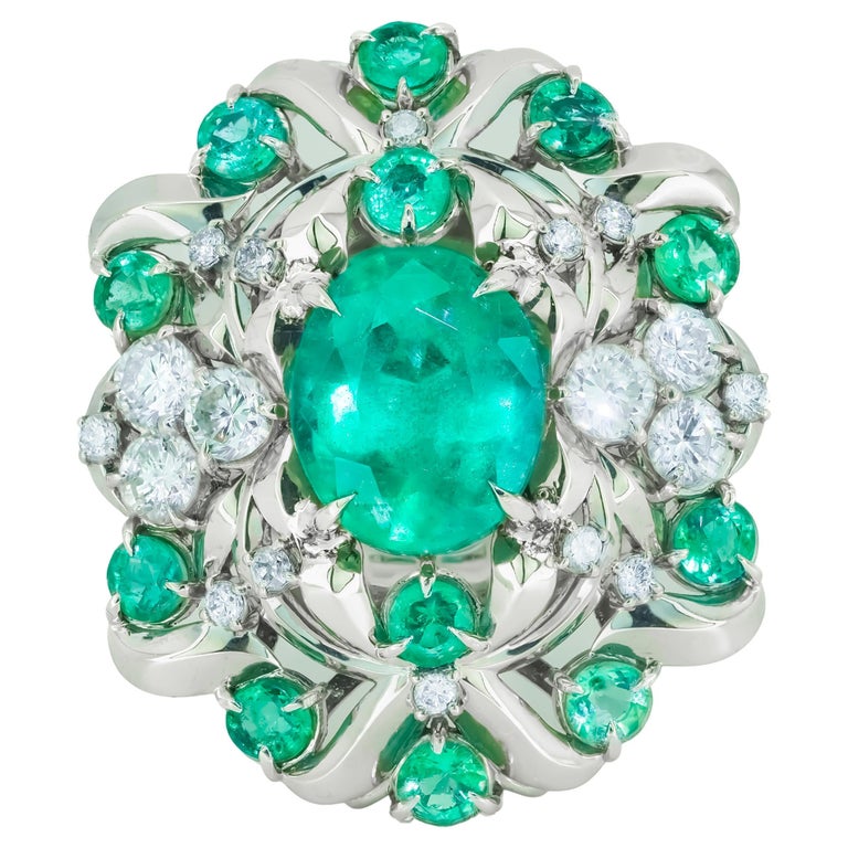 Emerald and Diamonds 14k Gold Ring, Certified Emerald Ring For Sale at ...