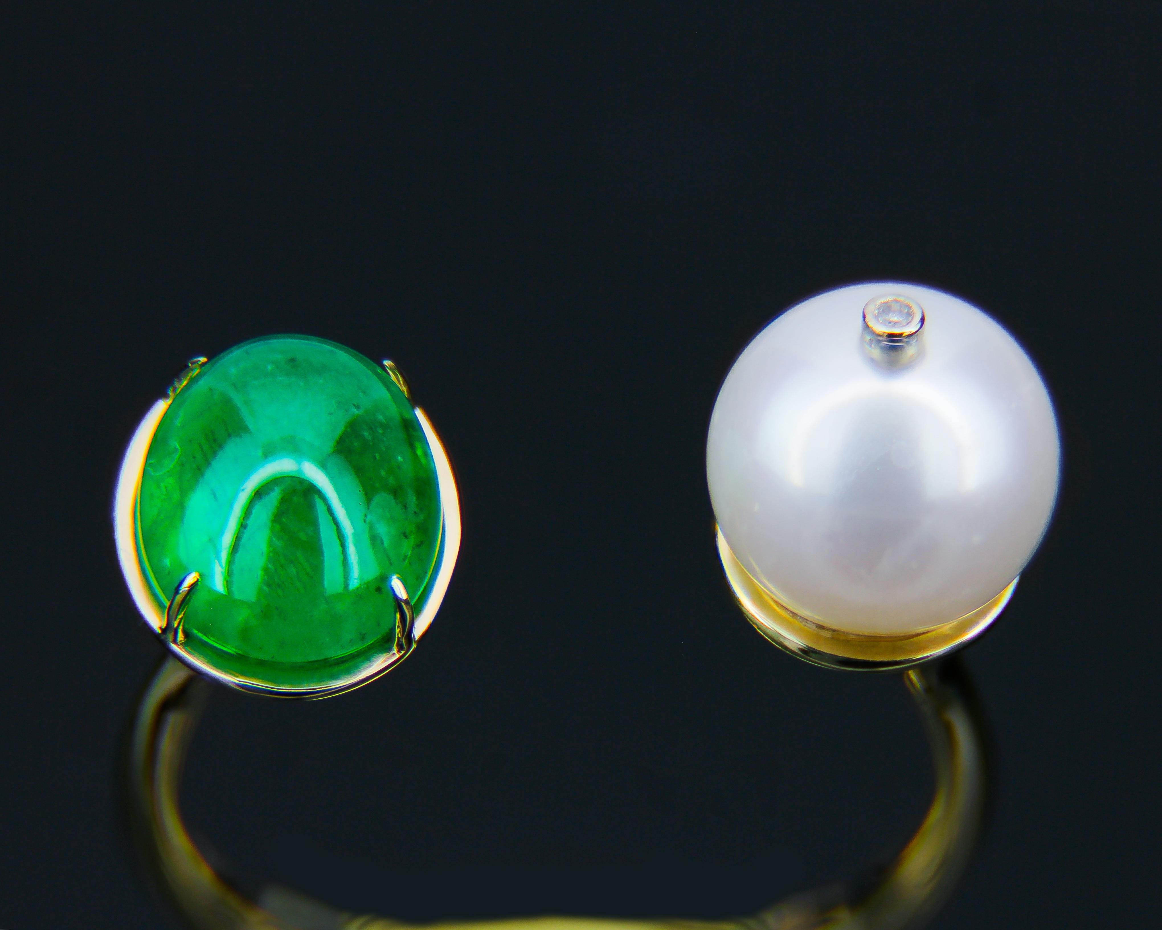 Emerald and Pearl 14k Gold Ring, Adjustable Emerald Ring For Sale at ...