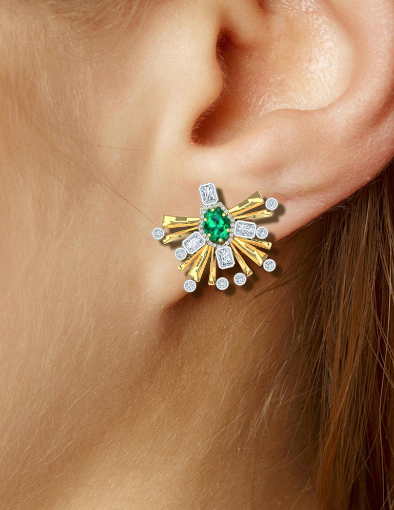 Emerald and Radiant Diamond Cluster Starburst Earrings For Sale at 1stDibs
