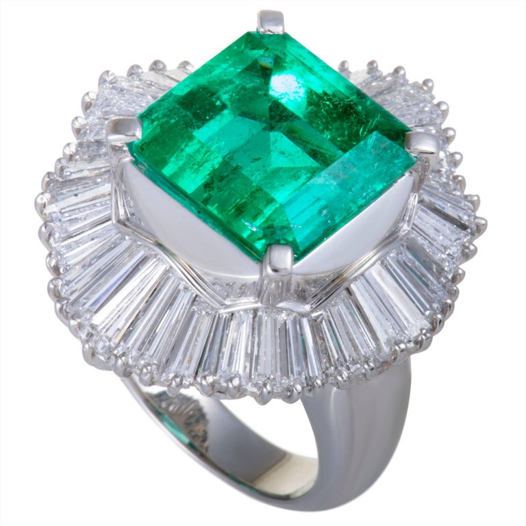 Emerald and Tapered Baguette Diamonds Platinum Cocktail Ring at 1stDibs