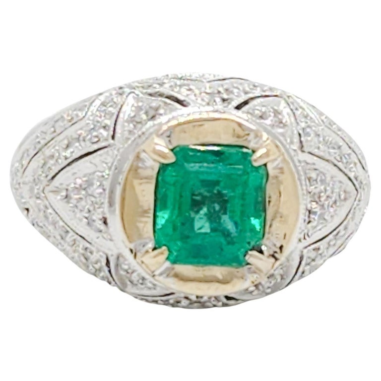 Emerald and White Diamond Ornate Design Ring in 18k White and Yellow ...
