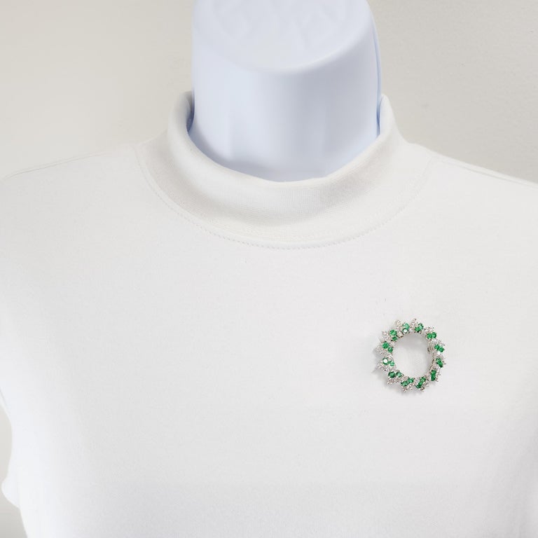 Emerald and White Diamond Wreath Brooch in 14k White Gold For Sale at ...