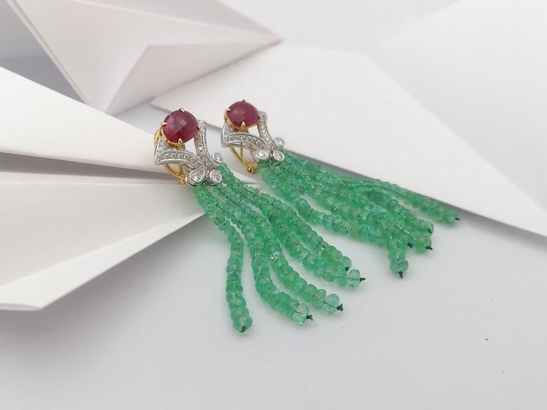 Emerald Beads, Ruby and Diamond Earrings Set in 18 Karat White Gold ...