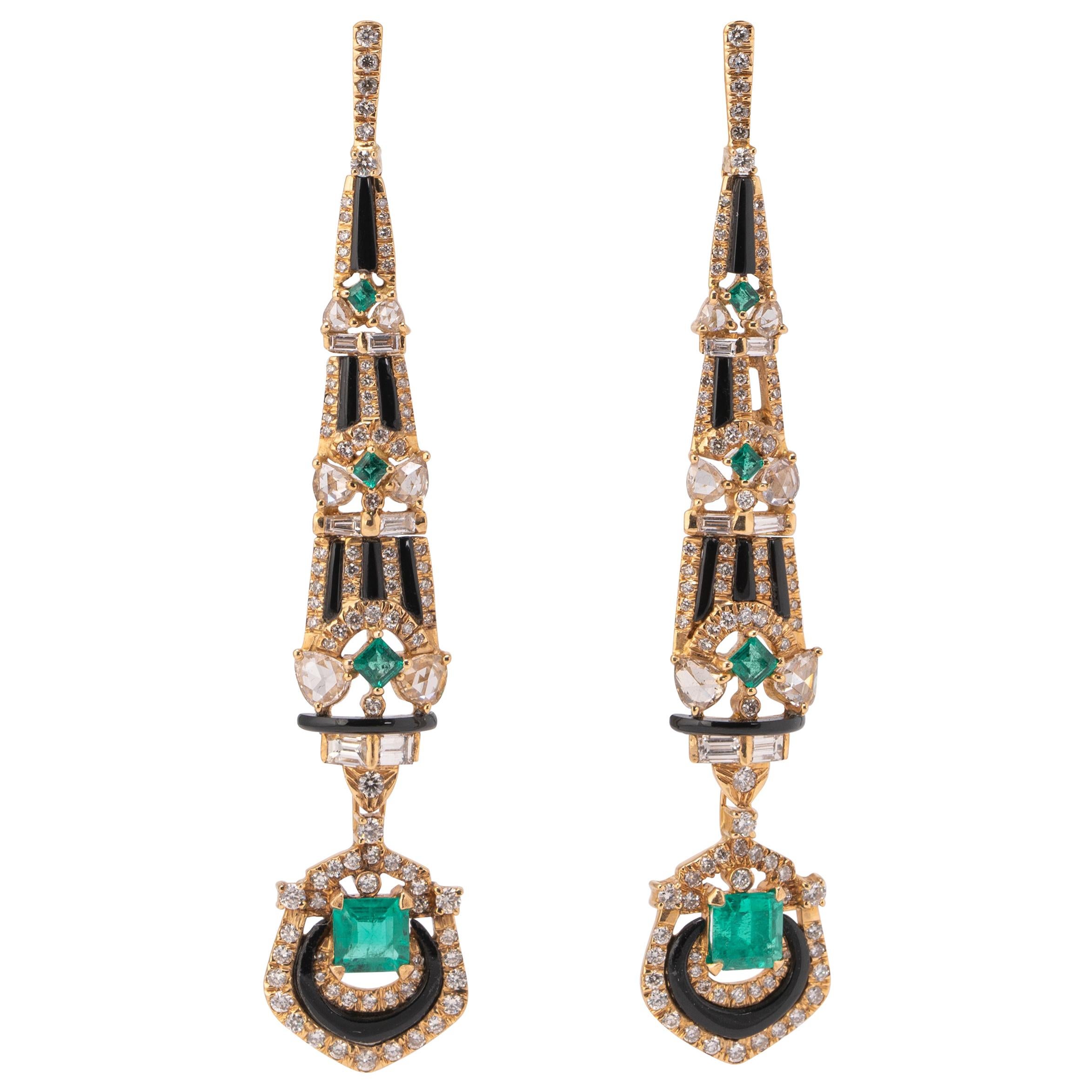 Emerald, Black Onyx and Diamond Drop Earrings at 1stDibs