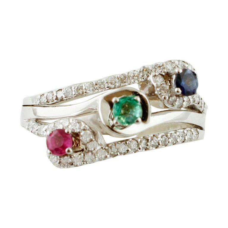 Emerald, Blue Sapphire, Ruby, Diamonds, 18 Karat Gold Modern Three ...