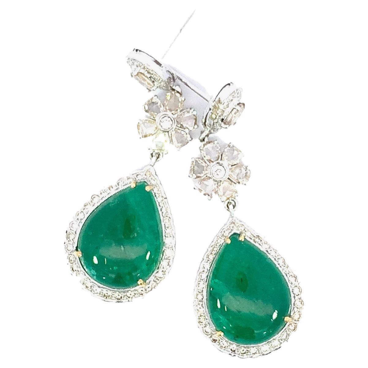Emerald Cab (16Cts) and Diamond (2.9Cts) Gold (18K) Earrings For Sale ...