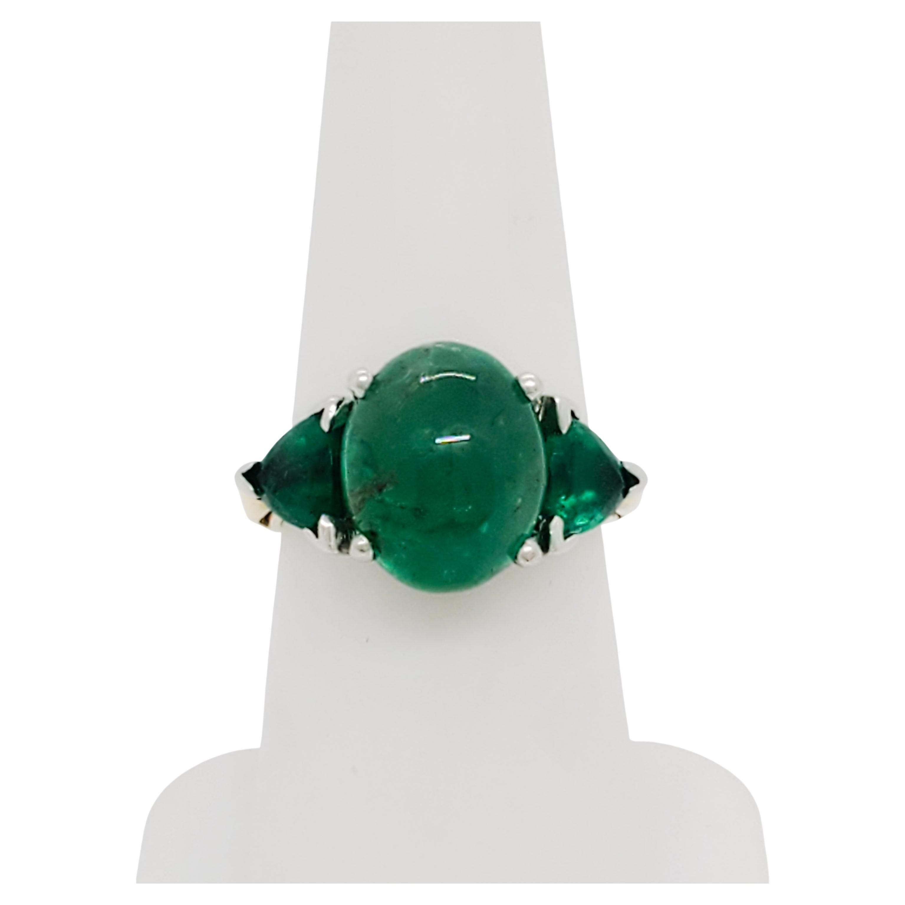 Cabochon Colombian Emerald and Diamond Three-Stone Ring For Sale at 1stDibs