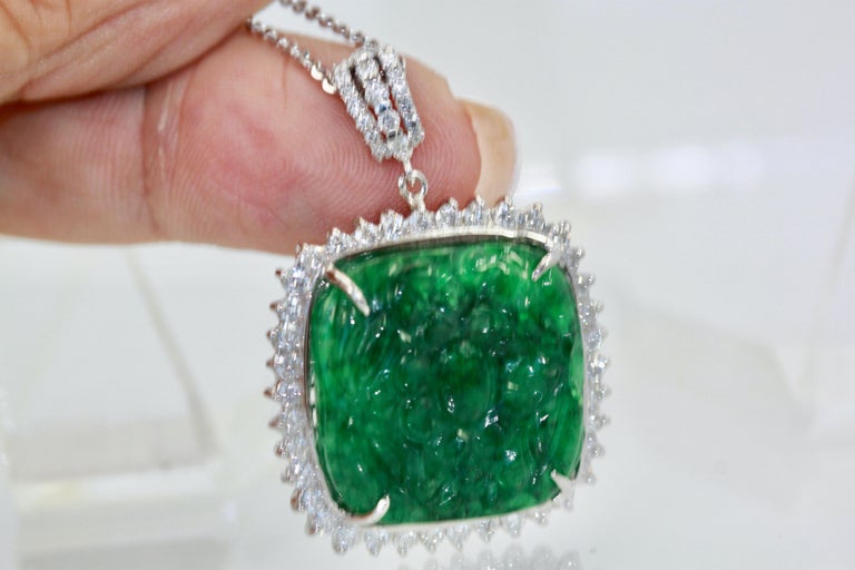 Emerald Carved Pendant Set in Diamond Surround 18K For Sale at 1stDibs