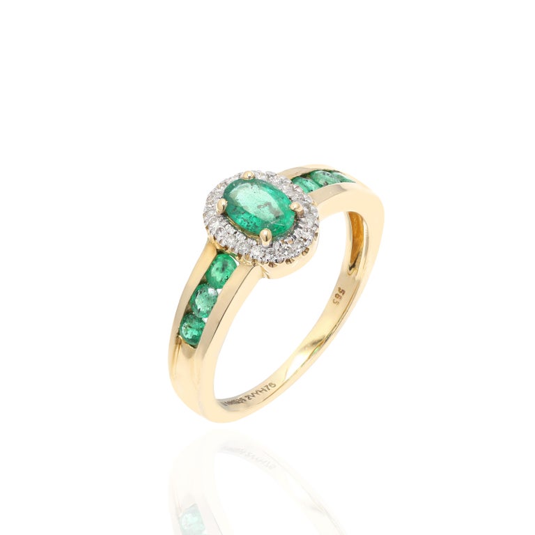 Customizable Emerald Engagement Ring with Halo Diamond Set in 14K Solid ...